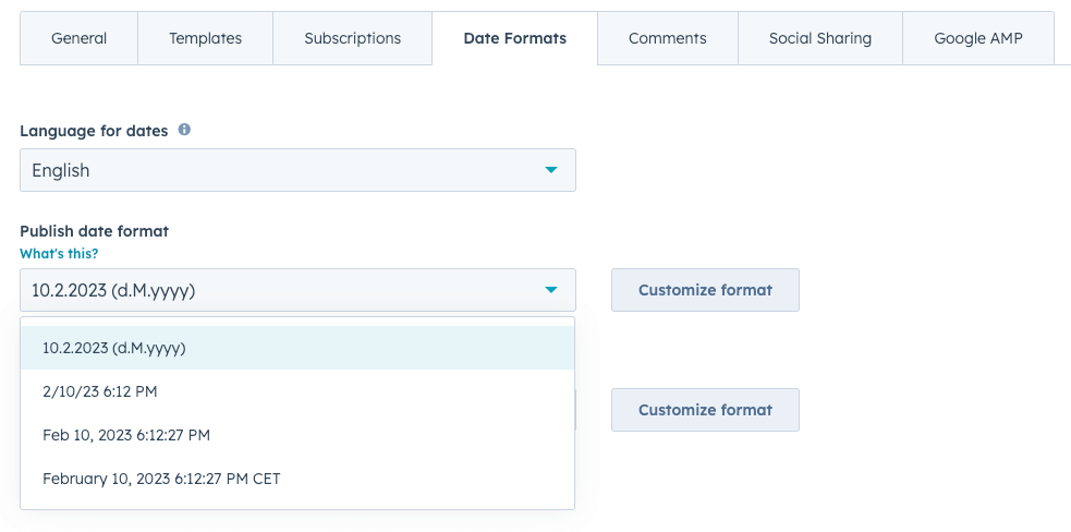 How do I change the date format for blog posts in HubSpot?