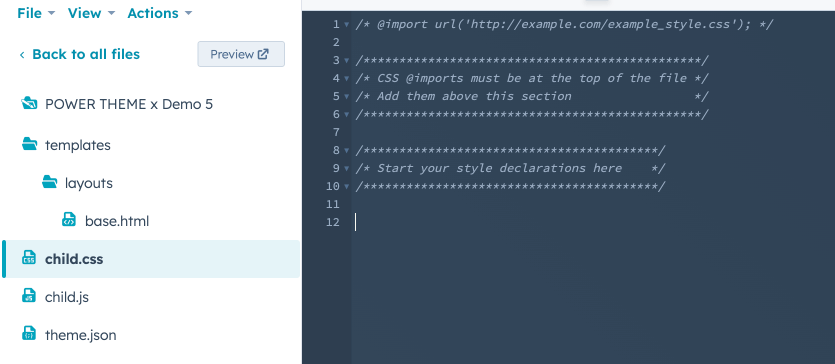 How to add code to the child.css in a HubSpot child theme?