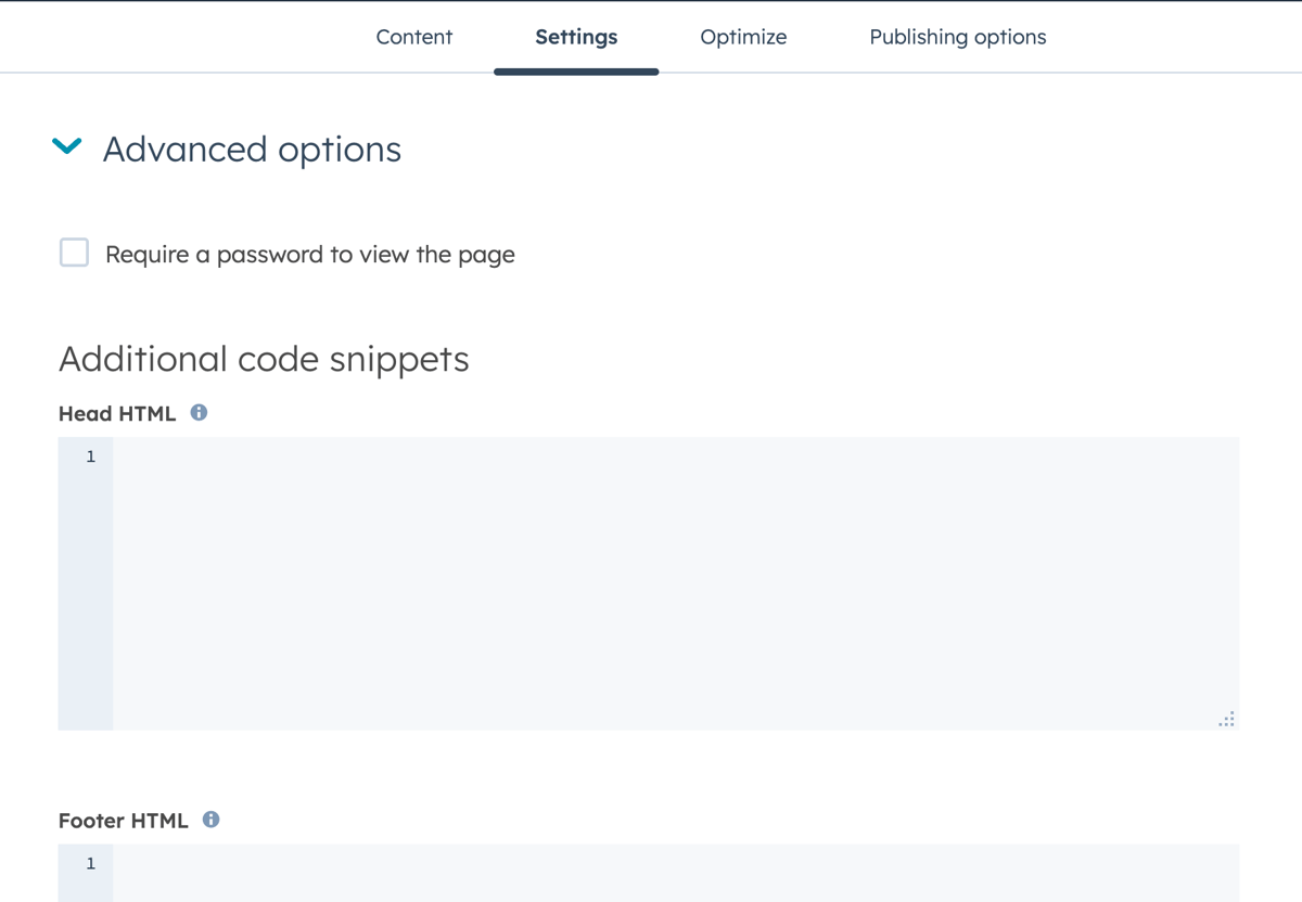 How to add code to the Page head HTML in HubSpot?