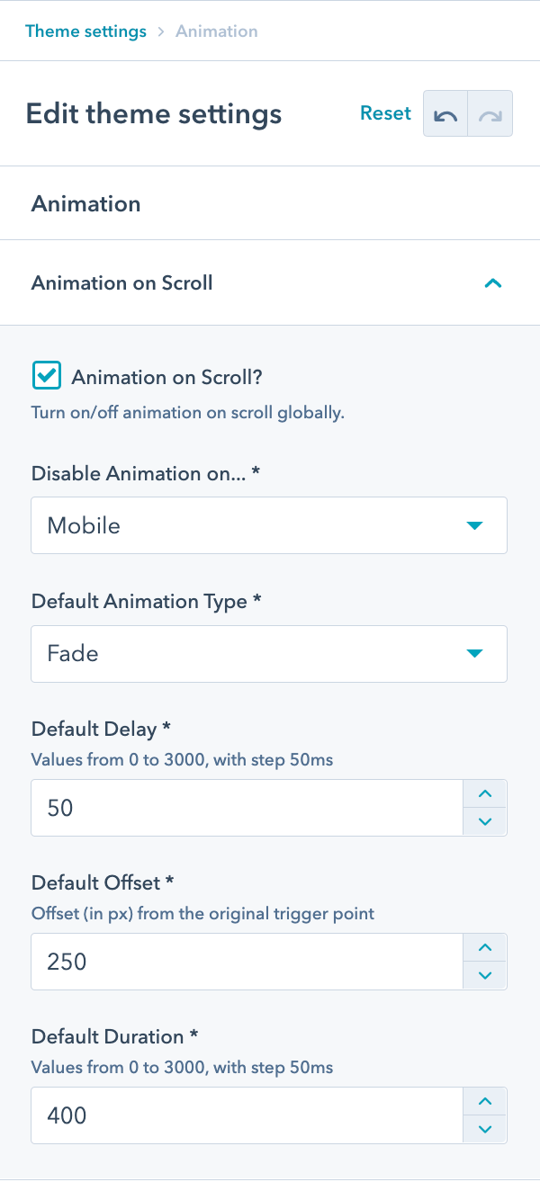 Animation - Theme Settings
